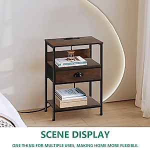 FURWOO Bed Side Table with Charging Station 3-Tier Storage Industrial nightstand with Drawers Good for Bedroom Living Room Rustic Brown