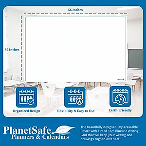 PlanetSafe's Blueline Dry-Erasable Rollable Posters - Non-Ghosting/Non-Staining - Printed 1/2" Tinted Grid - 36" X 56"