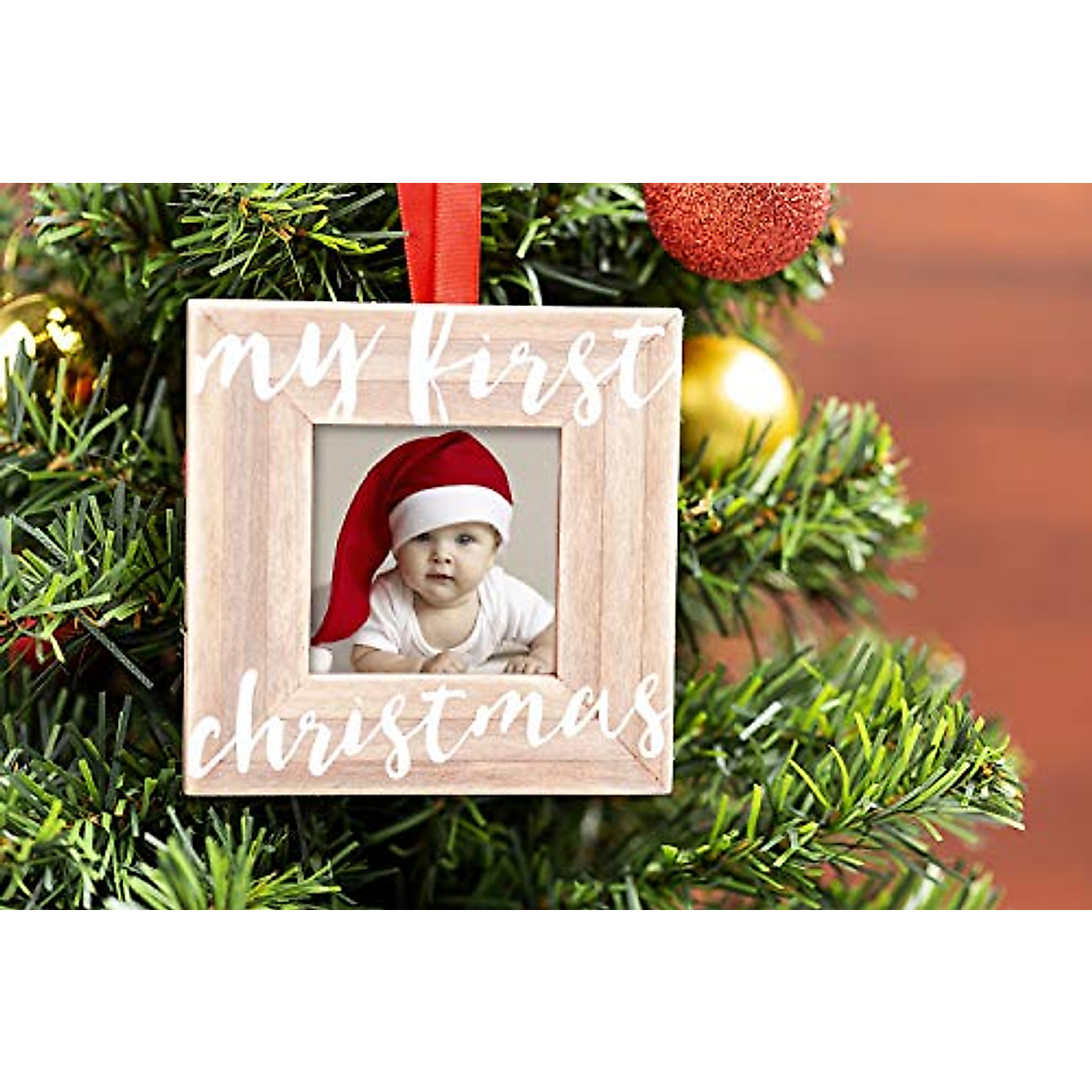 Pearhead Baby’s First Christmas Wooden Picture Frame Ornament, Newborn Milestone Keepsake Photo, Holiday Gift For New and Expecting Parents, Rustic My First Christmas Ornament