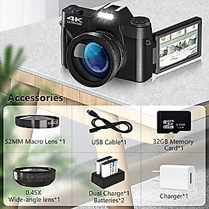 VJIANGER Digital Camera for Photography and Video 4K 48MP Vlogging Camera for YouTube with 180° Flip Screen,16X Digital Zoom,52mm Wide Angle & Macro Lens, 32GB TF Card, 2 Batteries (W01-Black)