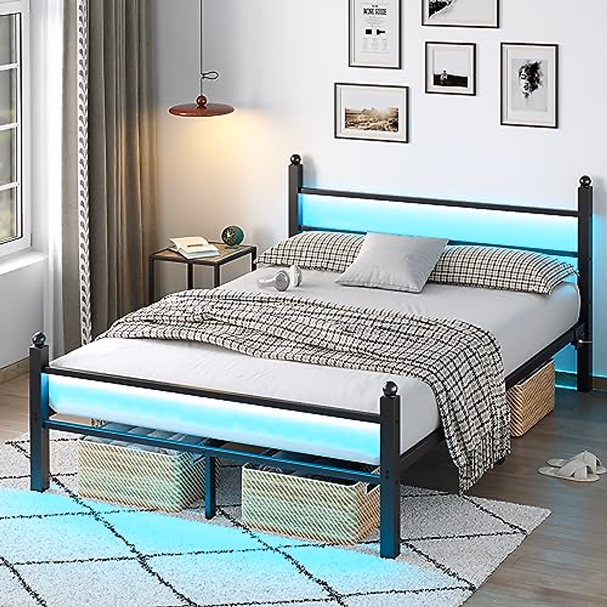 CollaredEagle Full Size Bed Frame with Headboard and Footboard,Heavy Duty Steel Slats Support Metal Bed Frame with Charging Station,No Box Spring Needed/Easy Assembly, Black