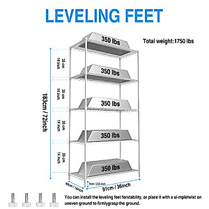 5 Tier NSF Metal Shelf Wire Shelving Unit, 1750lbs Capacity Heavy Duty Adjustable Storage Rack with Shelf Liners for Closet Kitchen Garage Basement Commercial Shelving, 72" H x 36" L x 16" D - White