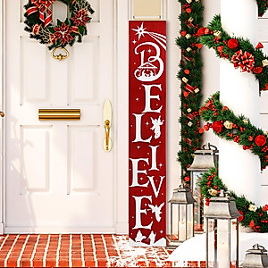 FairySandy Christmas Welcome Sign Jesus Front Porch Hanging Sign Believe Standing Vertical Wooden Sign Xmas Front Door Sign for Xmas Holiday Outdoor Yard Front Door Porch Decor, 47x7.9 Inch(Believe)