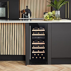 HCK Wine Fridge Dual Zone, Wine Cooler Refrigerator 15 Inch, 29 Bottle, Built-In or Freestanding Under Counter Wine Fridge with LED Light for Wine, Champagne, Home, Kitchen, Office