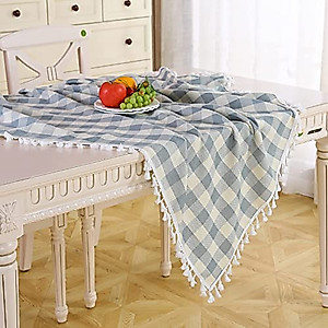 Kaysun Checkered Tablecloths for Rectangle Tables, Classic Buffalo Table Cloth 55''x70'' Light Grey Blue, Cotton Linen Table Cover for Thanksgiving Kitchen Holiday Outdoor Picnic Decoration