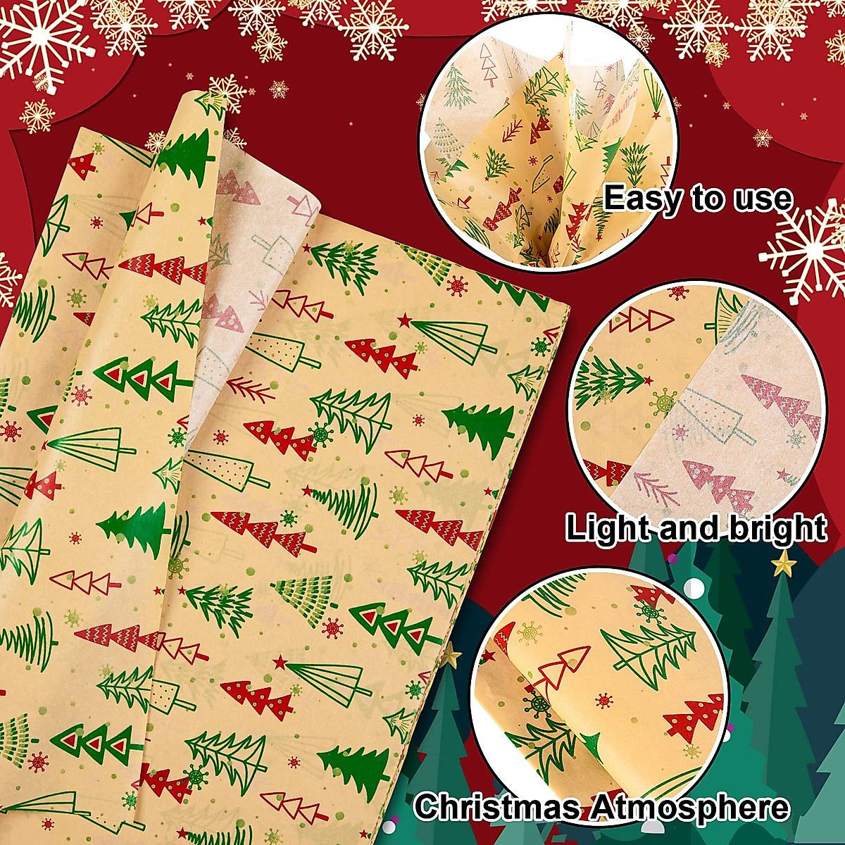 Whaline Christmas Tissue Paper Kraft Xmas Red Green Wrapping Paper 19.7 x 13.8 Inch Assorted Xmas Tree Holly Berry Christmas Tissue Paper for Gift Bags Holiday DIY Crafts Decor, 90 Sheet