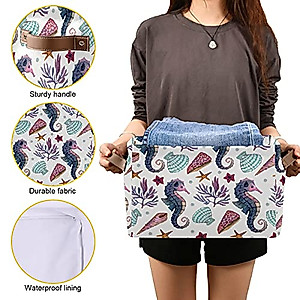 AUUXVA Ocean Starfish Seahorse Shell Storage Bins Basket, Nautical Sea Life Theme Collapsible Storage Cube Rectangle Storage Box with Handles for Shelf Closet Nursery Bedroom Home Office 1 Pack