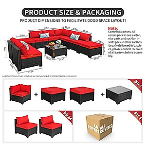 Patio Sectional Furniture Set 10-Piece Outdoor Wicker Conversation Sofa Couch with Red Non-Slip Cushions Furniture Cover Black PE Rattan