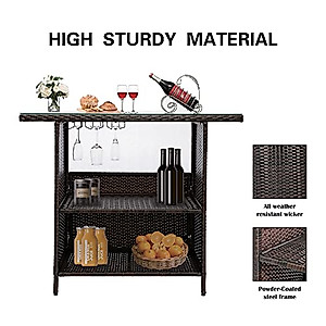 FOOWIN PE Wicker Bar Counter, 3 in 1 Glass Top Outdoor Patio Bar Table w/ 3 Steel Shelves, Rattan Bar Counter w/ 3 Sets of Rails, Gift Waterproof Cover and Dust Tablecloth for Garden Patio