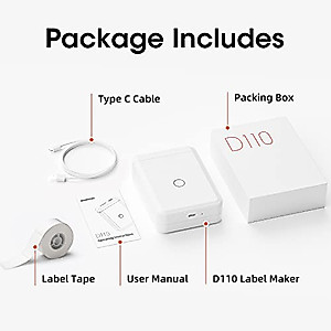 NIIMBOT D110 Thermal Label Makers with 1 Roll Tape, Portable Mini Wireless Bluetooth Sticker Printer for Home Office School Use, Mobile Phone Editable, Printable Width 0.47 inch, White