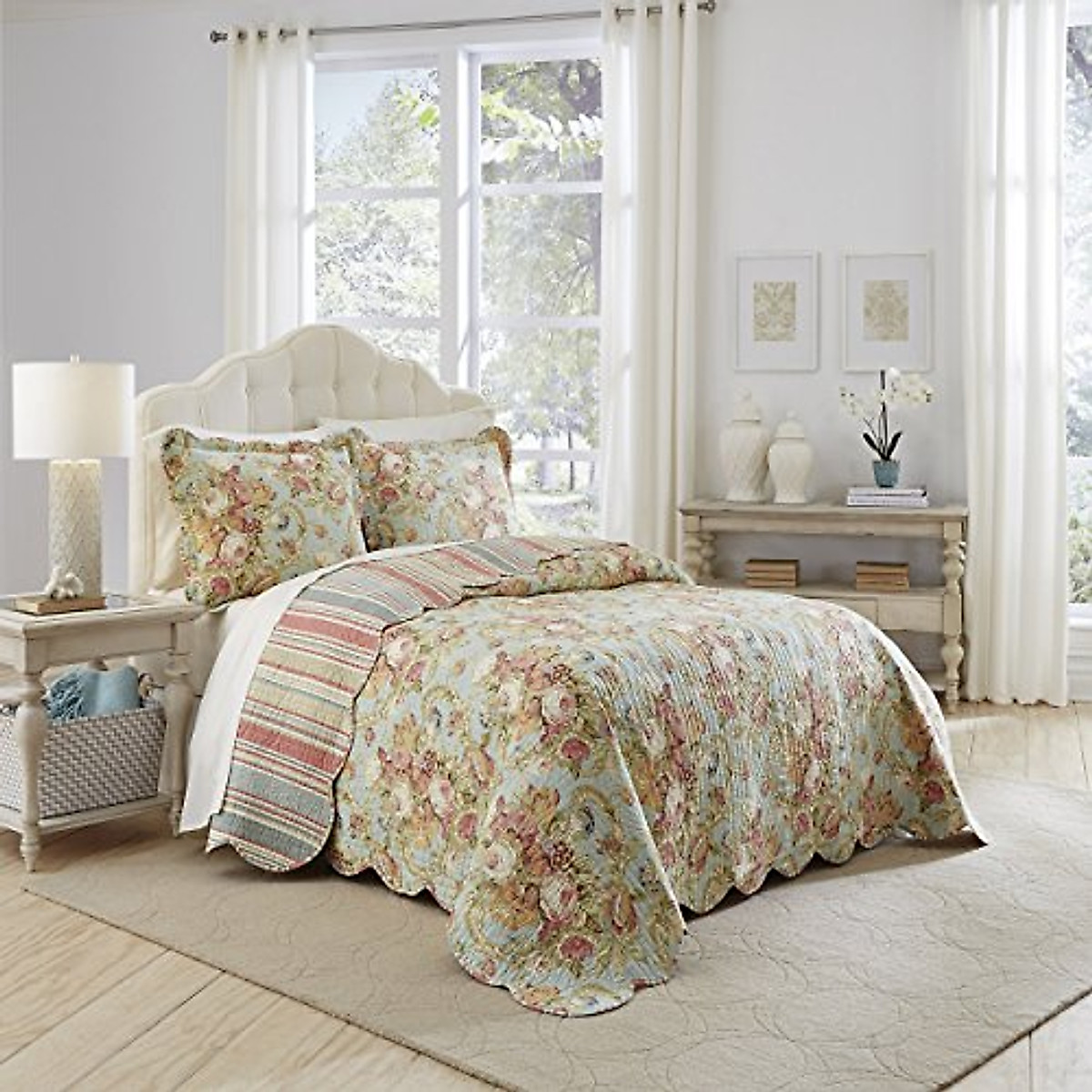 Waverly Spring Bling Modern Farmhouse Floral 3-Piece Reversible Quilt Bedding Bed Spread Set, Queen, Vapor & Spring Bling Valances for Windows Rod Pocket Curtains, 52" x 18", Vapor