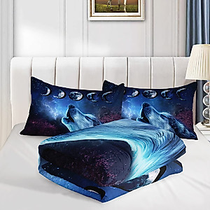 XYNHML Wolf Comforter Set Galaxy Night Moon Bedding Set 3Pcs Howling Wolf Down Lunar Eclipse Bed Set for Kids Teens Room Decor Wild Animals Comforter with 2 Pillowcases