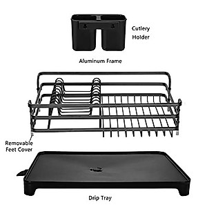 HBlife Aluminum Dish Drying Rack, Never Rust Small Dish Drying Rack with Utensil Holder, Removable Plastic Drainer Tray with Adjustable Swivel Spout, Home Essentials(Black)