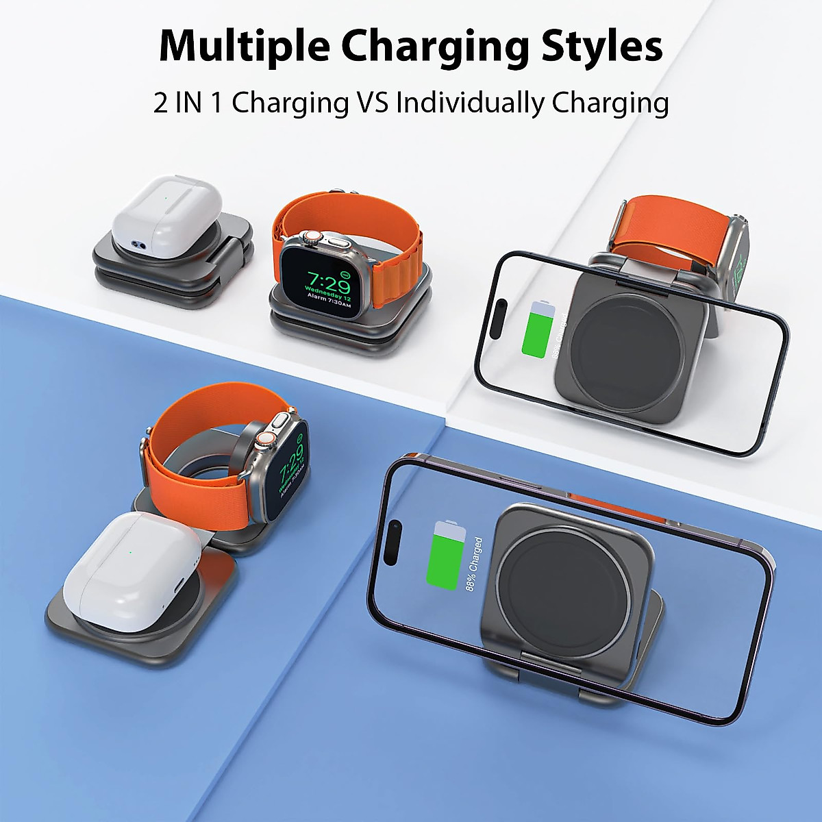 2 in 1 Foldable Mini Travel Wireless Charger Stand for Apple, KUXIU Aluminum Alloy Magnetic Charging Station Compatible with iPhone 15/14/13/12Pro/Max, 5W Fast Charging Watch 9/8/7/Ultra2, AirPods Pro