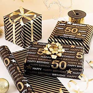 RUSPEPA Reversible Wrapping Paper Roll - 50 Years Old Birthday Black and Gold Pattern Great for Birthday, Party, Baby Shower - 17.5 Inches X 32.8 Feet