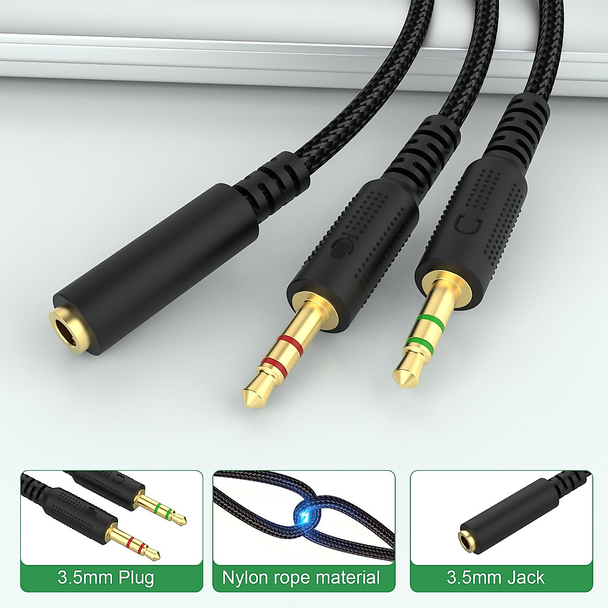 Koffmon Replacement Audio Cable Cord Wire with Y Splitter for Razer Kraken X/BlackShark V2 Pro/Razer Nari Headphone Gaming Headset Adapter to PC/Speaker/Headphone