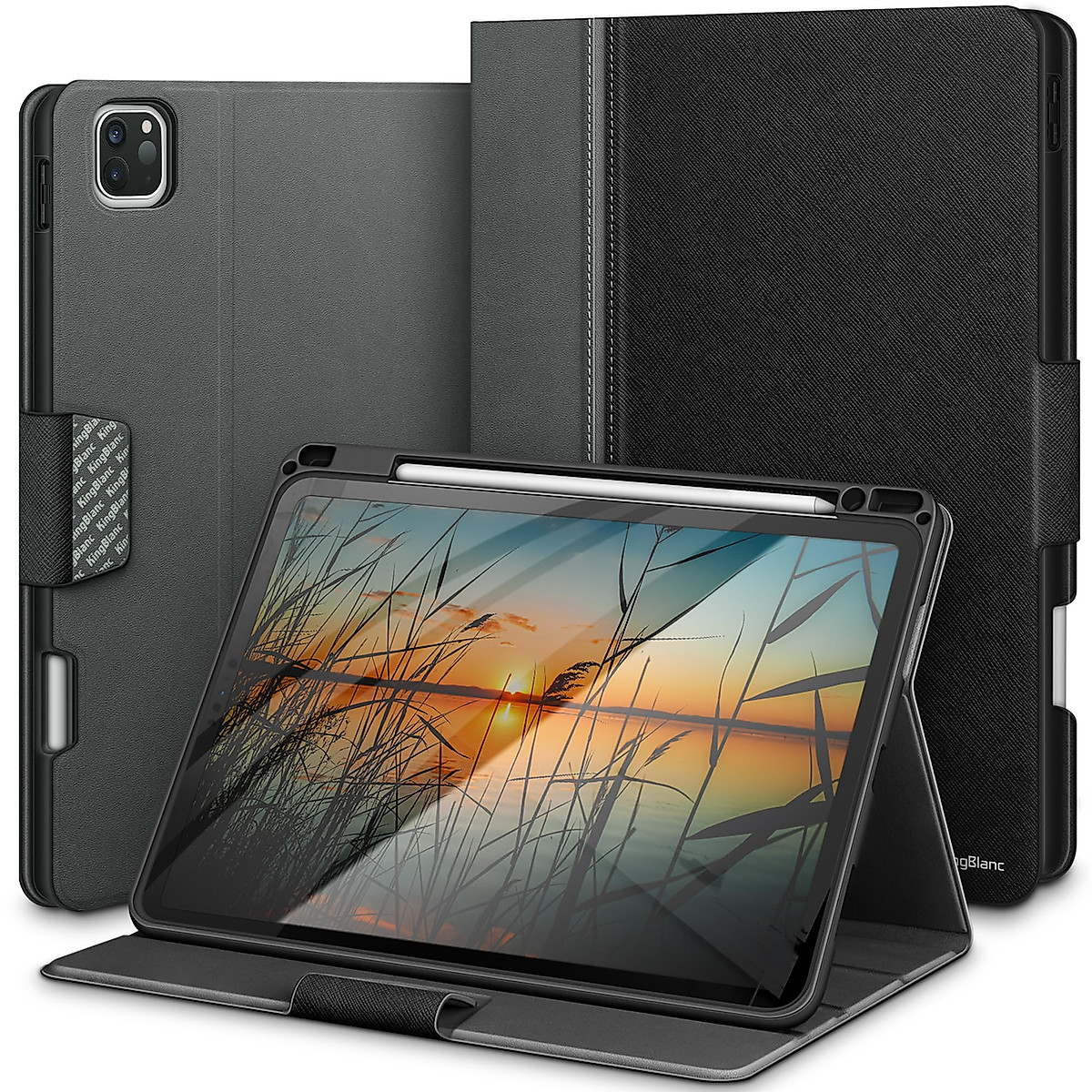 KingBlanc Case for iPad Pro 11 inch 4th/3rd/2nd/1st Generation (2022/2021/2020/2018) with Pencil Holder, PU Leather Protective Stand Folio, Auto Sleep/Wake, Multi-Angles for Viewing/Typing, Black