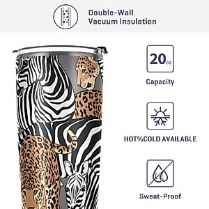 ALAZA Zebra Leopard Print Abstract Insulated Travel Tumbler Mug with Lid & Straw Double Wall Vacuum Water Bottle Car Cup Stainless Steel, Hot and Cold Thermos, 20oz