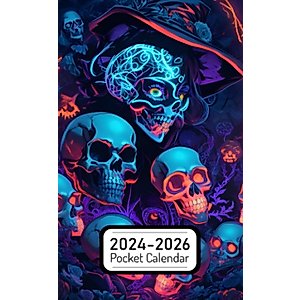 Pocket Calendar 2024-2026: Two-Year Monthly Planner for Purse , 36 Months from January 2024 to December 2026 | Neon skull illustration | Halloween background | Mystical elements | Seamless pattern