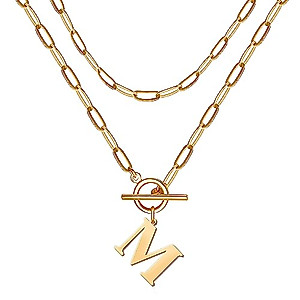 Frisity Women Girl 14K Gold Plated A-Z Initial Toggle necklace-Rose Gold Silver Gift for Wife Girlfriend Jewerly