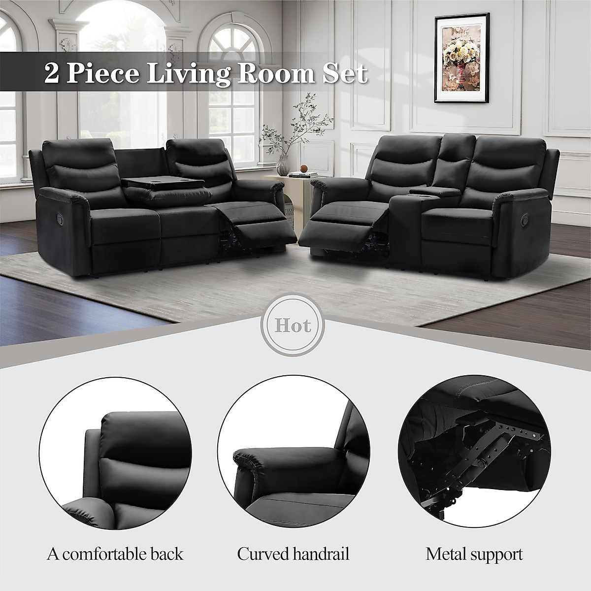 Sofa PU Leather Recliner Loveseat with Console Slate, Cup Holder, Double Recliner 2-Seater for Living Room Theater Seating Rv Furniture, (Black)…