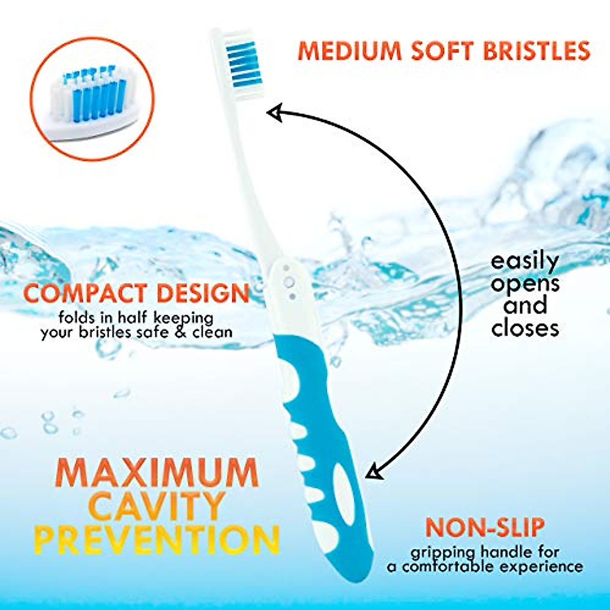 Lingito Travel Folding Toothbrush, Camping Toothbrush Bulk, Medium Bristle (6 Pack)