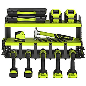 S SKSTYLE Power Tool Organizer - 5 Drill Holder, Wall Mount Shelf, Drill Shelf, Tool Shelf, Jobber Bit Workshop Rack - Premium Garage Storage & Organization, Cordless Drill Charging Station, Green