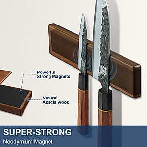 ENOKING Magnetic Knife Holder for Wall, 10 Inch Powerful Magnetic Knife Holder for Refrigerator, Knife Magnetic Strip No Drilling Acacia Wood Wall Knife Holder Magnet Magnetic Knife Bar with 2 Hooks