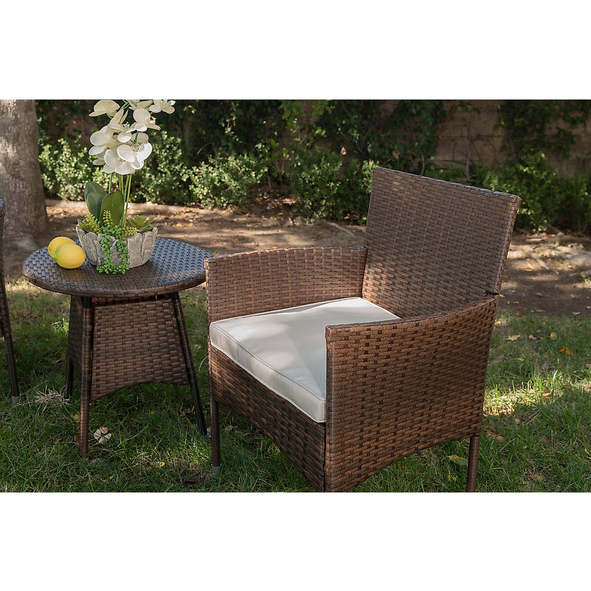 Barton 3 Pieces Bistro Chair Set w/Glass Table Beige Outdoor Patio Furniture Wicker Rattan Modern Conversation Chat Seating
