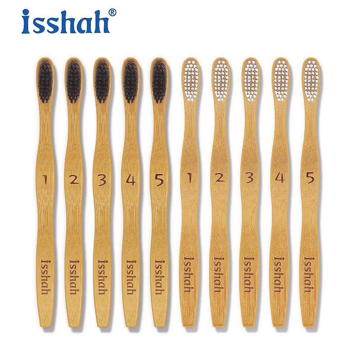 Isshah Soft Bristles Bamboo Toothbrushes, Black and White, Pack of 10