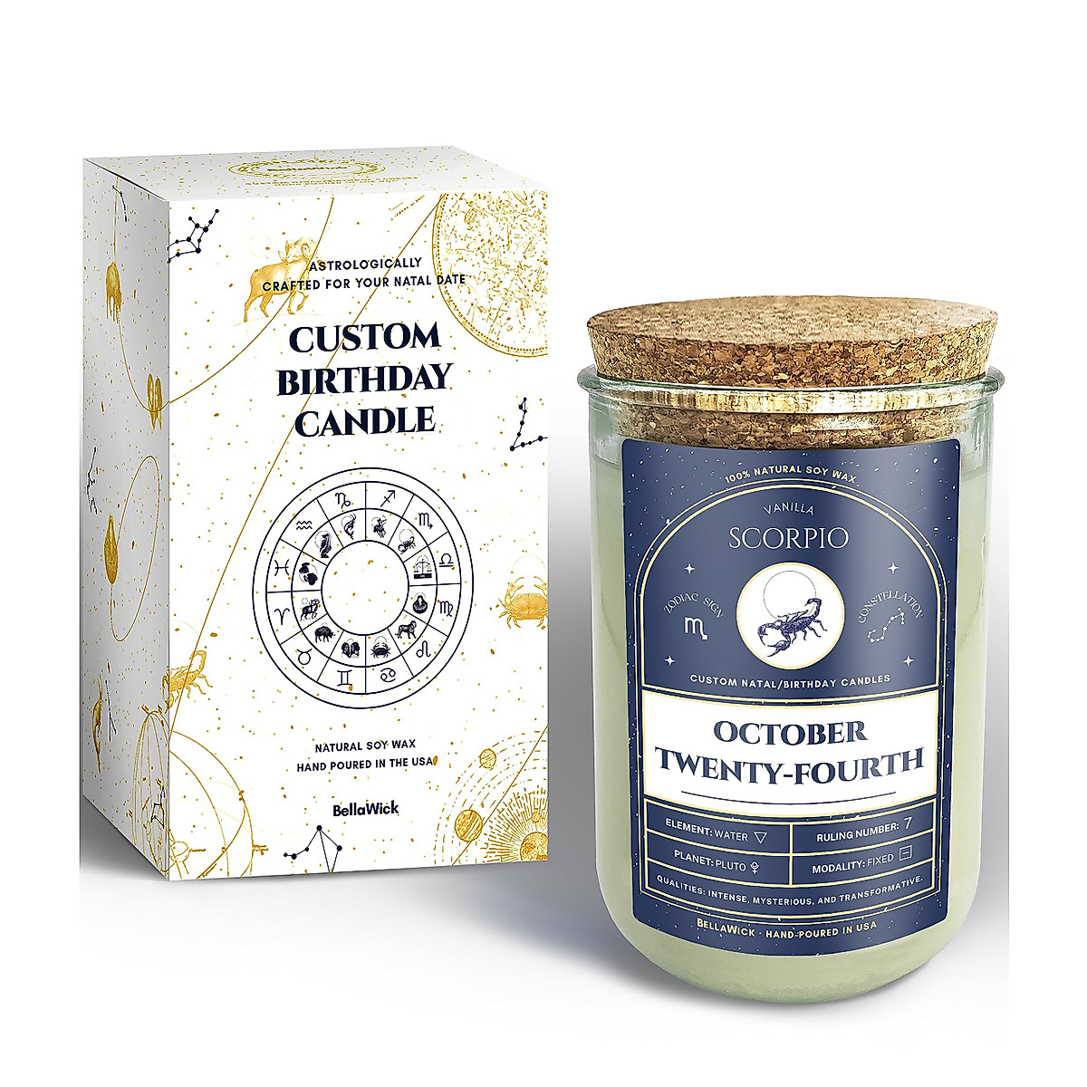 Birthday Candles - Custom Birthdate Astrological Zodiac Scented Candles. Astrology Gifts. All Natural Soy Wax. 75+ Hour Burn Time. Made in USA - October 24