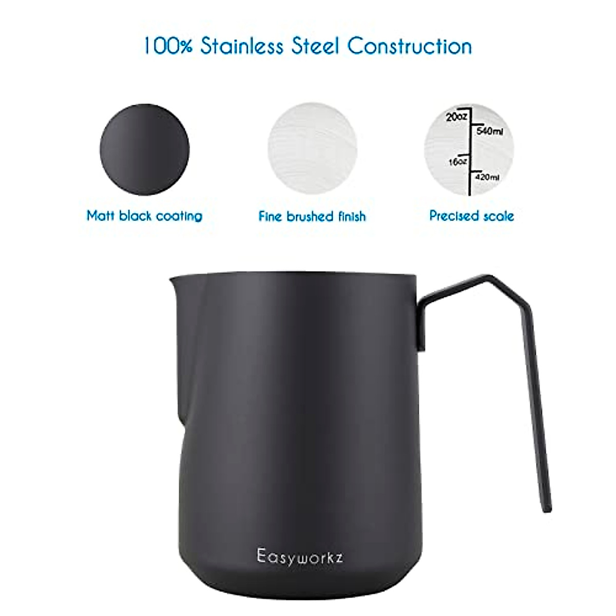 Easyworkz Espresso Steaming Pitcher Stainless Steel 20 oz Coffee Frothing Picther Milk Jug Cappuccino Latte Art Cup, Black