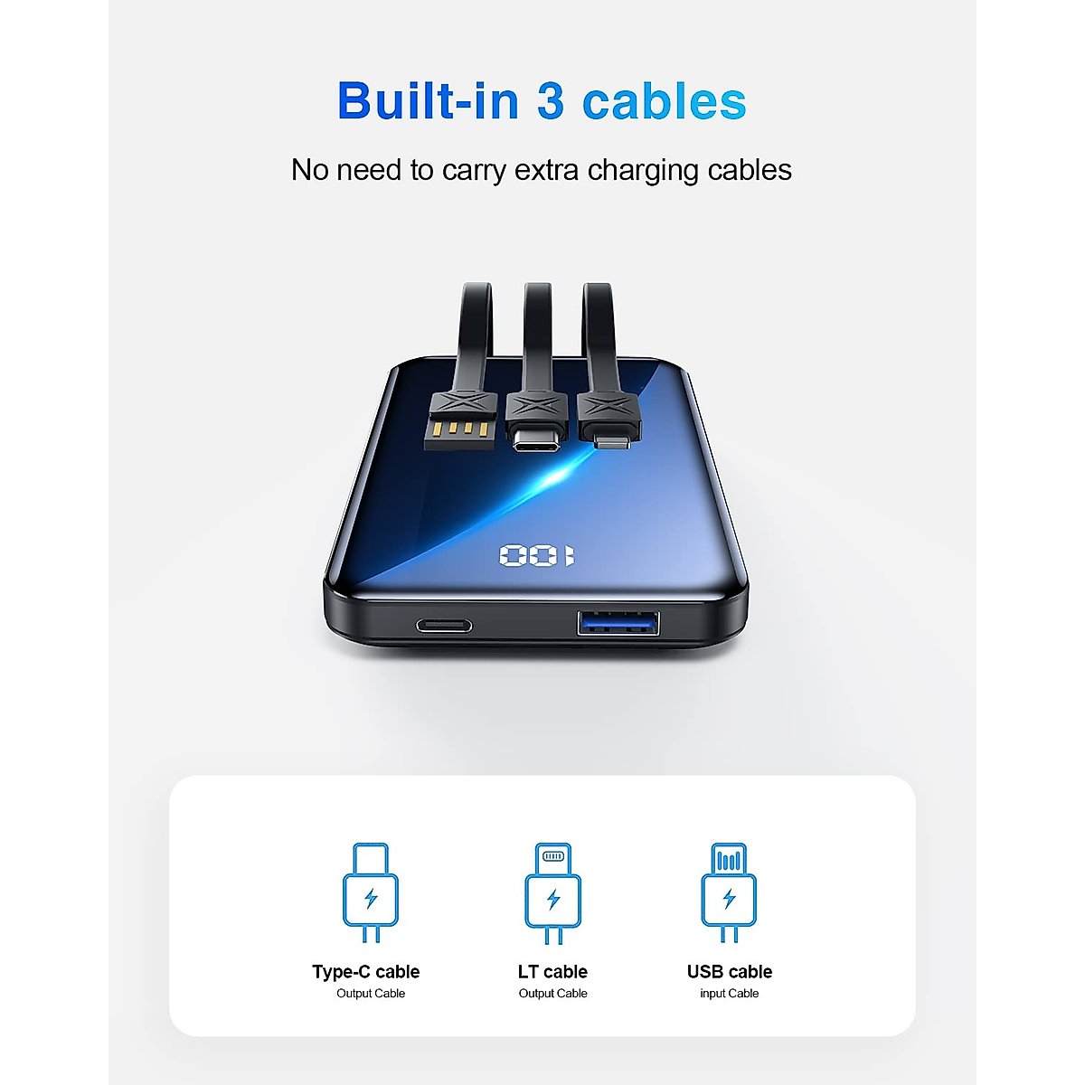 Portable Charger small Power Bank 12000mAh,Mini Fast Charging Power Bank,Battery Bank with Built-in Cables,2 Input and 4 output External Battery Pack Compatible with iPhone14/13/12/11/10/9/Android etc