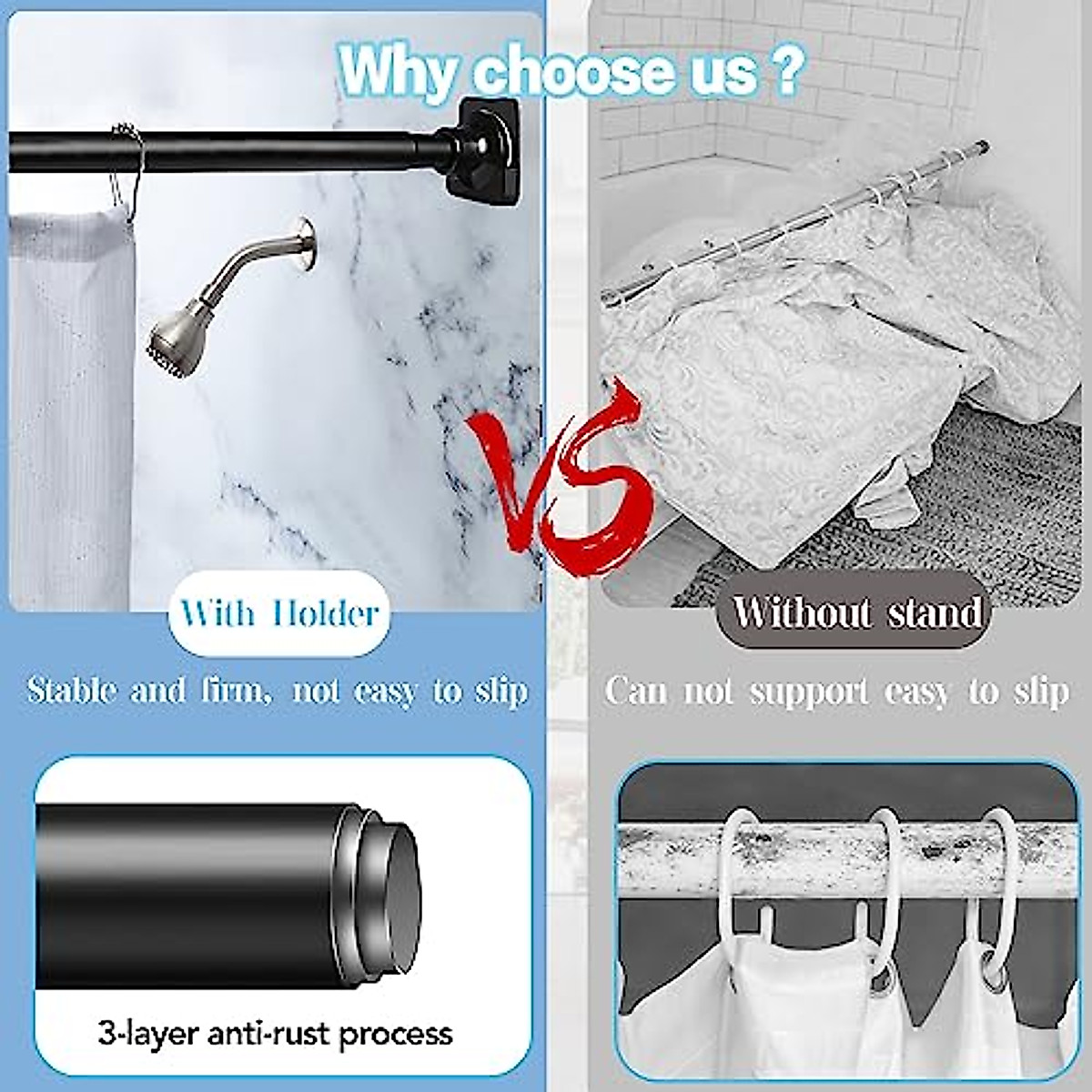 Matte Black Shower Curtain Rod No Drill, 28-48 Inch Spring Tension Adjustable Never Rust, Stainless Steel Heavy Duty for Shower Stall/Closet/Windows/Bathroom No Drilling, with Holder