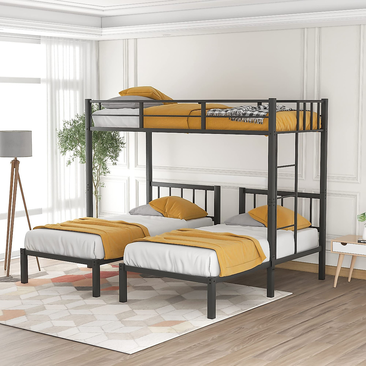 Harper & Bright Designs Twin Over Twin Bunk Beds for 3, Metal Triple Bunk Bed with Guardrails for Kids, Teens, Boys, Girls (Black)