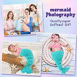 6 Pcs Mermaid Baby Monthly Milestone Blanket Daily Weekly Monthly Fleece with 2 Frames for Newborn Baby Shower, 47 x 39 Inches and Mermaid Outfit Baby Photo Props Headband Bra Tail, Aquamarine
