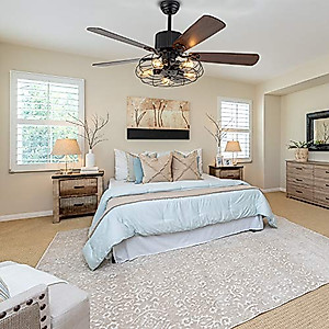 OUKANING Retro Industrial Ceiling Fan Light 52 Inch 5-Lights E27 Fixture for Restaurant Living Room Bedroom Create Iron Cage Rustic Style (52" Retro Industrial) (Retro Industria Cage)