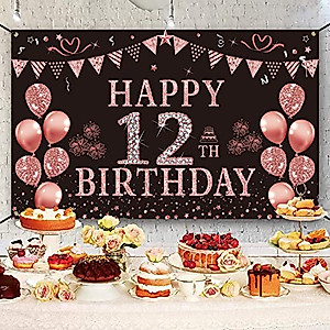 Trgowaul Happy 12th Birthday Decorations for Girls - Pink Rose Gold 12 Birthday Backdrop Banner，Twelve Years Old Birthday Party Supply Photography Background Birthday Sign Poster Decor Gift Daughter