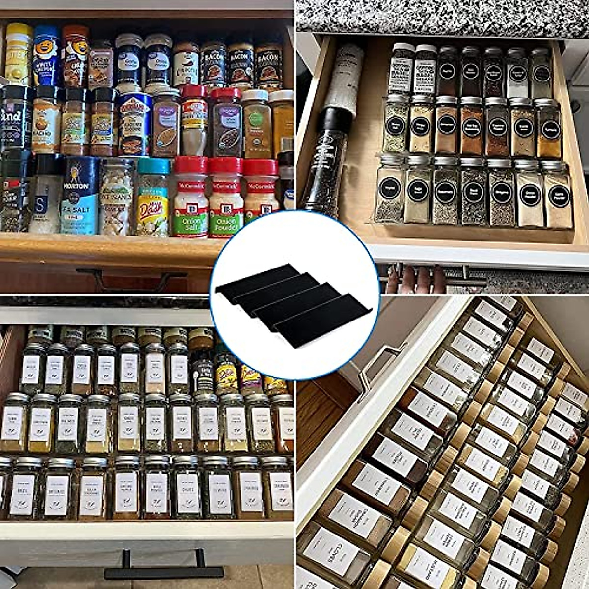 Yakaly Black Acrylic Spice Drawer Organizer, Expandable 11" to 22" - 4 Tier Slanted Drawer Seasoning Jars Rack Hold up 60 Jars, Adjustable In Drawer Spice Tray for Kitchen Cabinet Drawer/Countertop