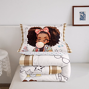 African Style American Comforter Sets Girls,Kids Cartoon Black Girls Bedding Set,Fashion Star Shoes Reversible Printed Quilted Duvet Teens Room Decor,Beige Brown Plaid Bedspread,1 Pillowcase
