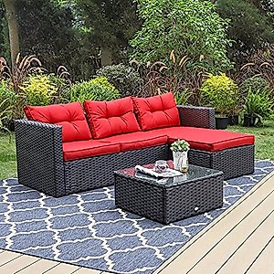 PHI VILLA Patio Sectional Clearance Manual Weaving Wicker Small L-Shaped Outdoor Furniture Sofa Set with Upgrade Rattan (3 Piece,Red)