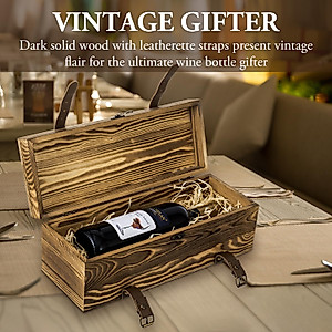 MyGift Vintage Brown Wood Single Wine Bottle Holder Gift Box with Leatherette Buckle Straps and Locking Latch