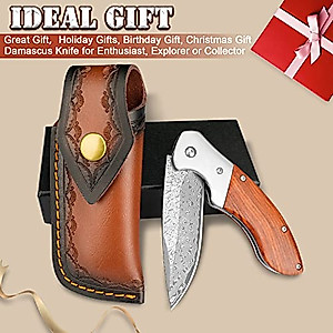 KOMWERO Damascus Pocket Knife, Sharp Damascus Steel Knife with Core VG10 Steel Blade Wood Handle, Folding Knife with Clip for Men Hunting, 60 HRC, Blade Length 3.34"