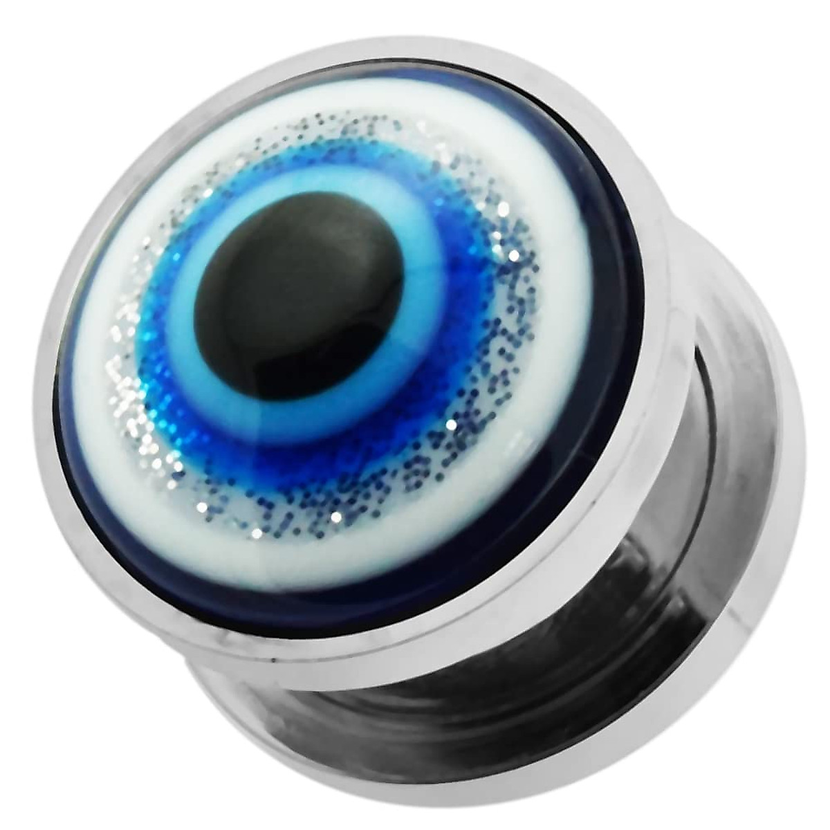 1 Piece of 9/16 Inch - 14mm Glittering Blue Evil Eye 316L Surgical Steel Flesh Tunnel Ear Gauge Piercing