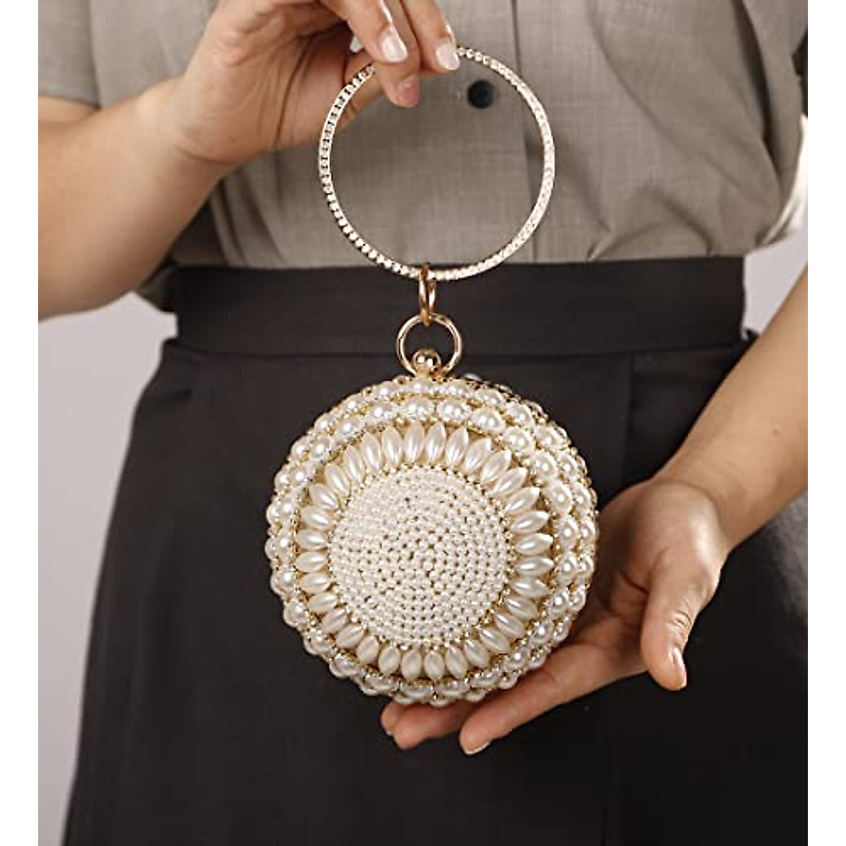 Sither Round Ball Handbag Purses for Women Evening Ball Handbag Purses Pearls Clutch Purses Shoulder Chain Bags for Party Prom Christmas Gift (gold)