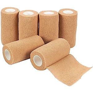 Juvale 6-Rolls Self Adhesive Bandage Wrap, Vet Tape - 4 in x 5 Yds Breathable, Elastic Cohesive Wrap Tape for Wrist, Swelling, Sports, Tattoo (Tan)