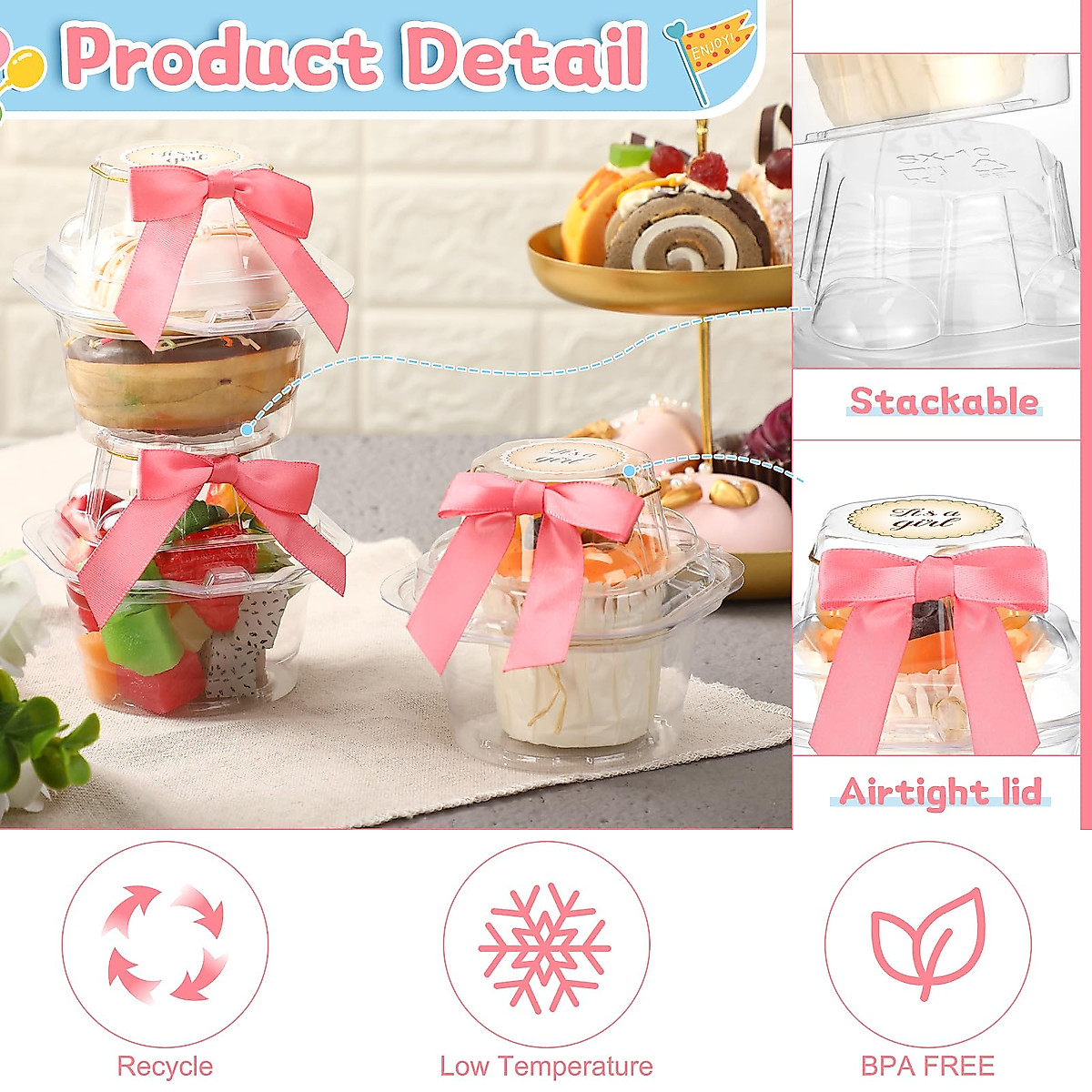 Dandat 360 Pcs Plastic Individual Cupcake Containers Set, 120 Disposable Cupcake Holders with Lid, 120 Pink Ribbons, 120 Baby Girl Stickers for Baby Shower Girl Birthday Decorations