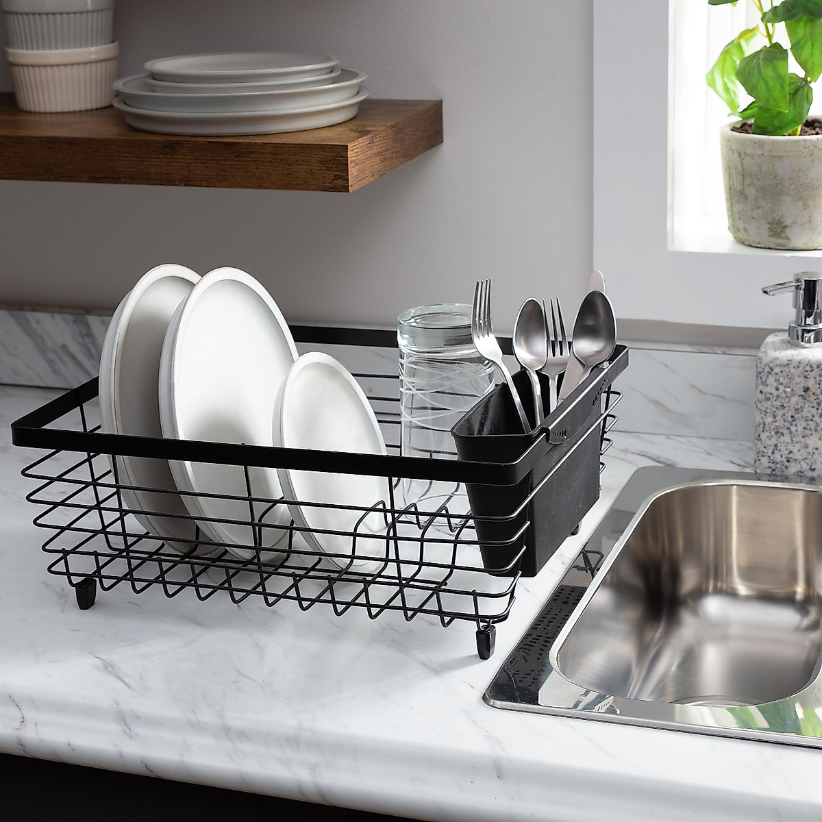 Kitchen Details Flat Wire Countertop or Over The Sink Dish Drying Rack with Cutlery Basket, Black