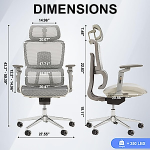 Ergonomic Office Chair High Back Home Computer Mesh Chairs, Adjustable Lumbar Support & Headrest Swivel Task Chair with 6D Armrests, Grey (S400)