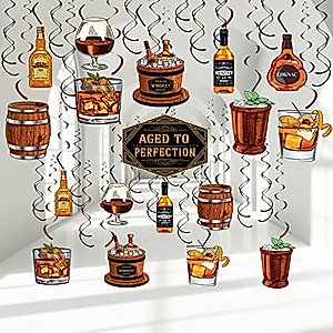 46 Pcs Whiskey Birthday Party Decorations Whiskey Party Hanging Swirls Aged to Perfection Party Supplies Black Gold Birthday Hanging Swirls Decoration for Men Adult 30th 40th 50th Birthday Decorations